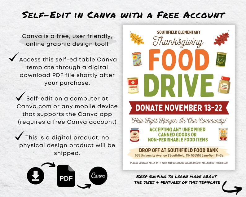 Editable Thanksgiving Food Drive Flyer | Fall Community Donation Event ...