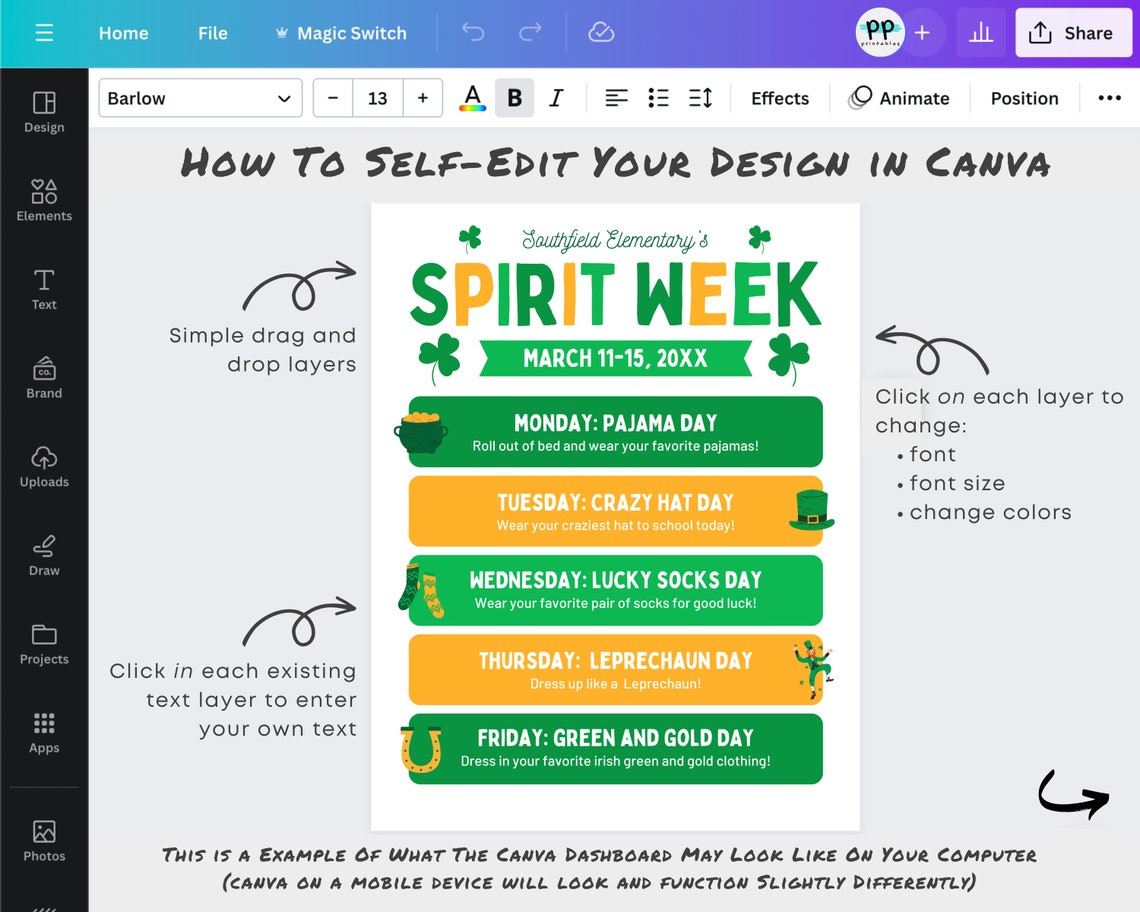 Editable St Patricks Spirit Week Flyer Canva Template, School Spirit ...