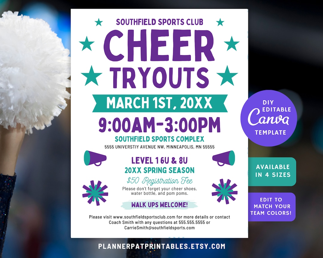 Editable Cheer Tryouts Flyer Canva Template, Cheerleader Registration ...