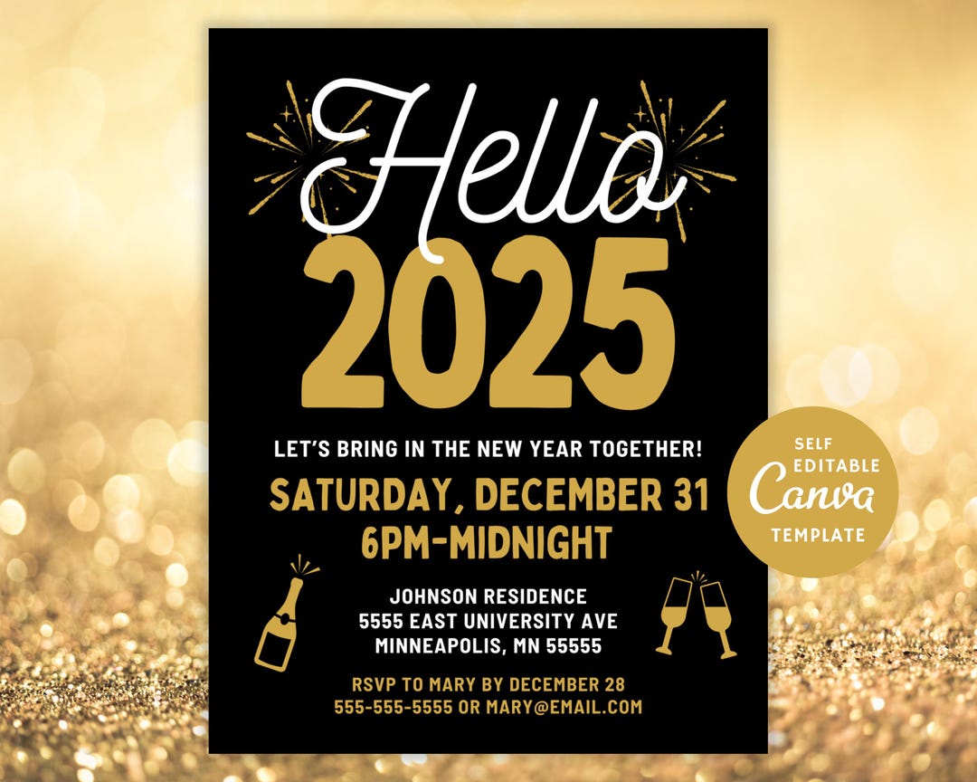 Editable Hello 2025 New Years Eve Party Invitation Template, NYE Invite ...