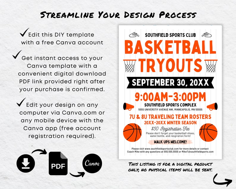 Editable Basketball Tryout Flyer Template, Youth Sports Registration ...
