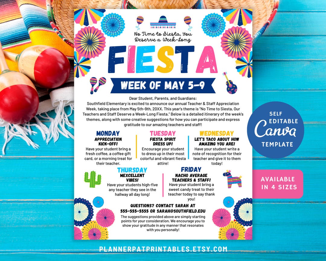Editable Fiesta Parent Newsletter: Teacher Appreciation Canva Template ...