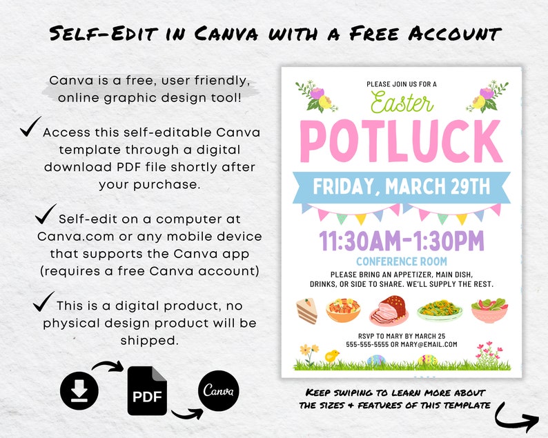 Editable Easter Potluck Invite, Spring Potluck Party Printable, Canva ...