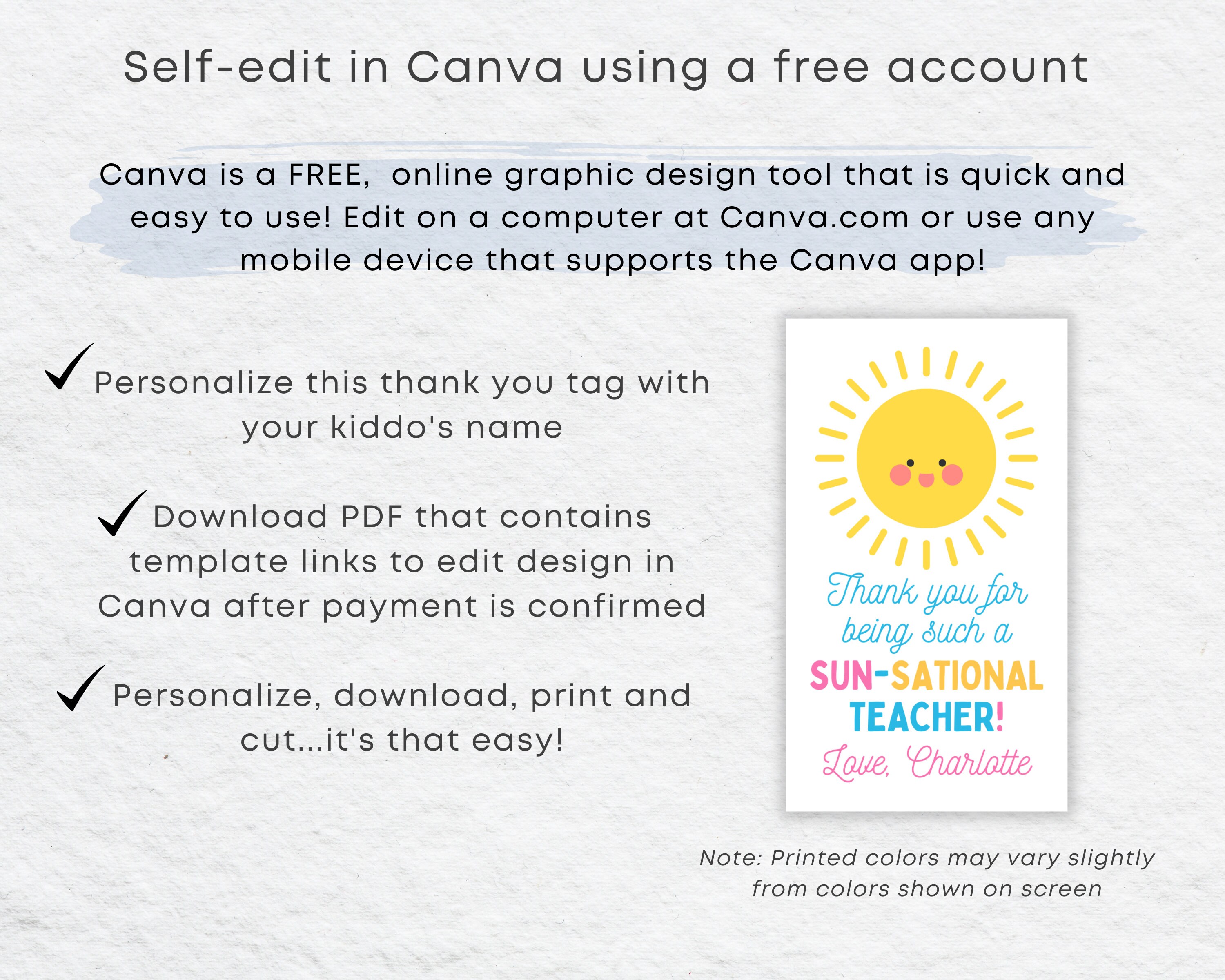 Sun-sational Teacher Tag End of School Year Editable Canva - Etsy