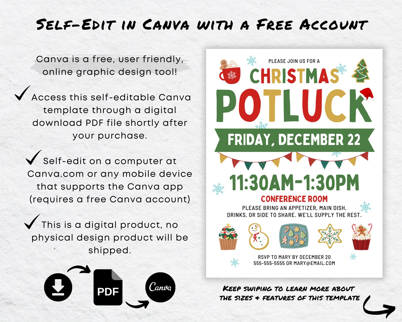 Editable Christmas Potluck Flyer Template, Holiday Party Invite, Canva ...
