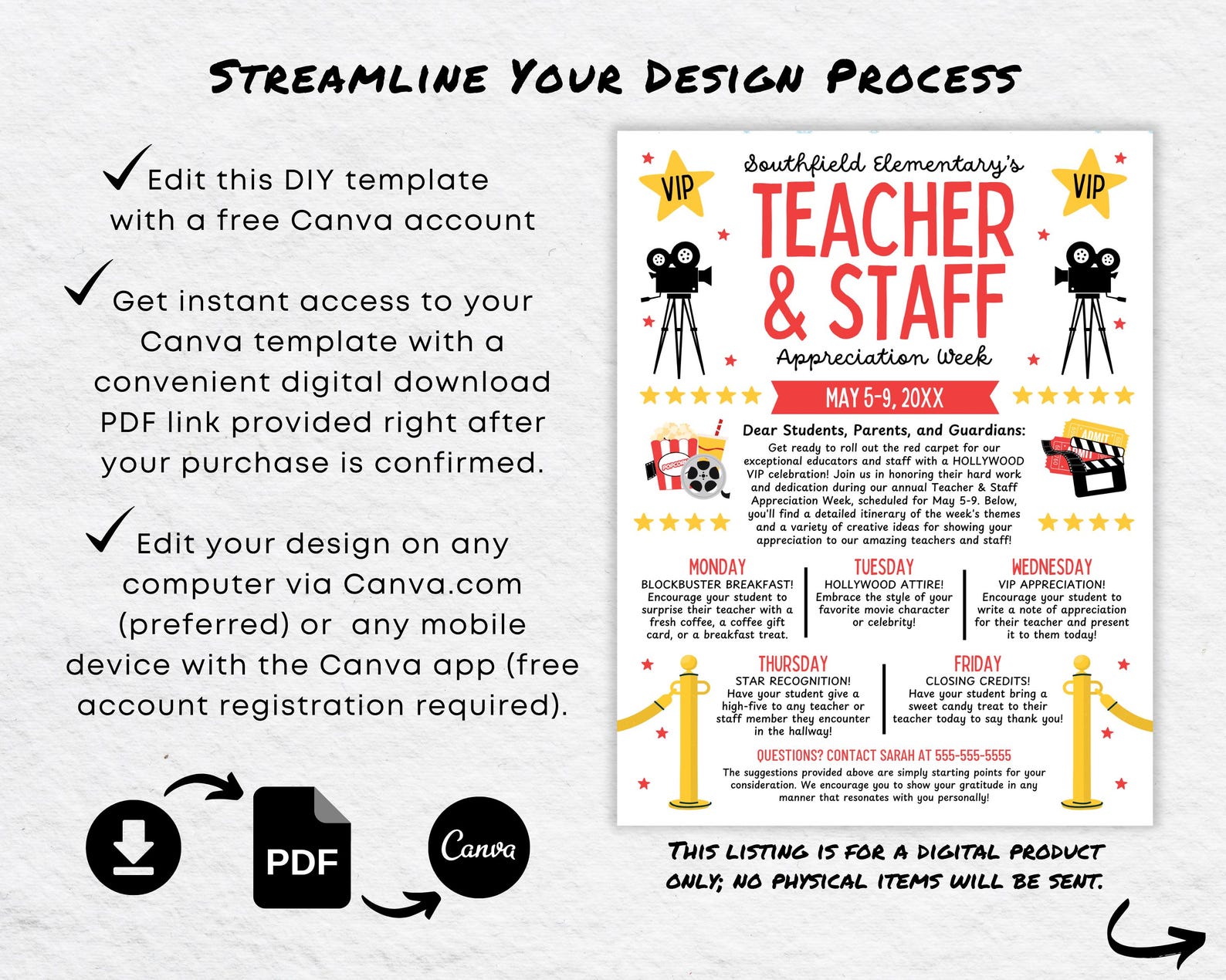 Hollywood Teacher Appreciation Week Parent Newsletter Flyer (canva ...