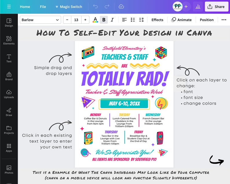 Editable 90s Theme Teacher Appreciation Flyer: Editable Retro Itinerary ...
