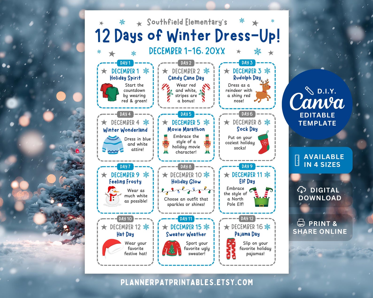 12 Days of Winter Dress up Days Itinerary Flyer: Editable Canva ...