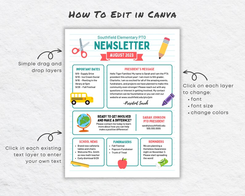 Editable August Newsletter Template: Canva PTA/PTO Back to School Flyer ...