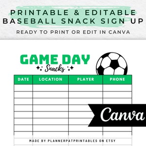Soccer Snack Schedule Sign up Sheet Printable Editable DIY Canva ...