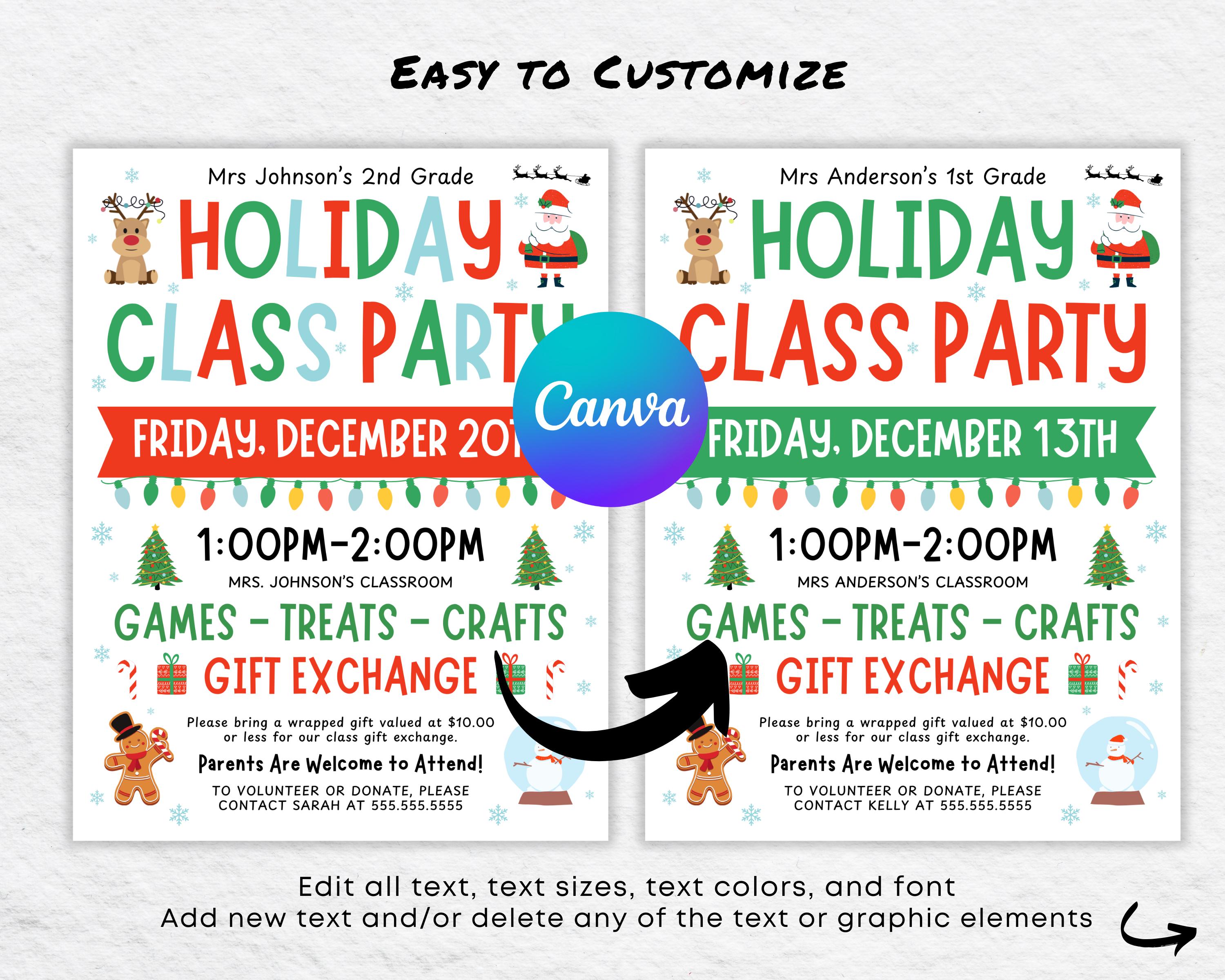 Editable Christmas Class Party Invite, Elementary School Flyer Template ...
