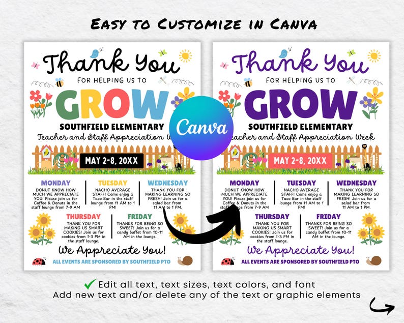 Floral Theme Teacher Appreciation Week Itinerary Flyer (canva Template ...