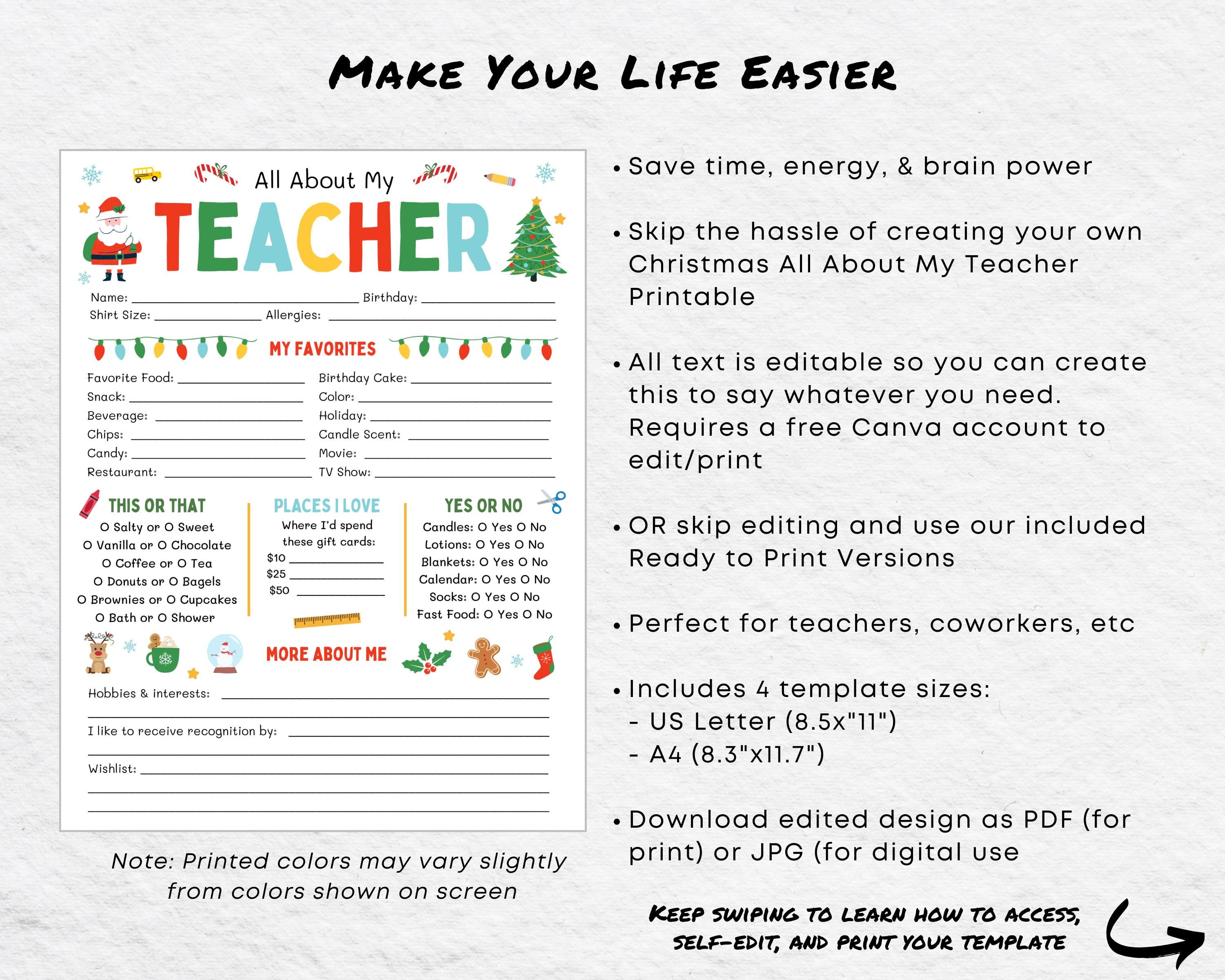 Christmas All About My Teacher Printable, Holiday Favorites ...