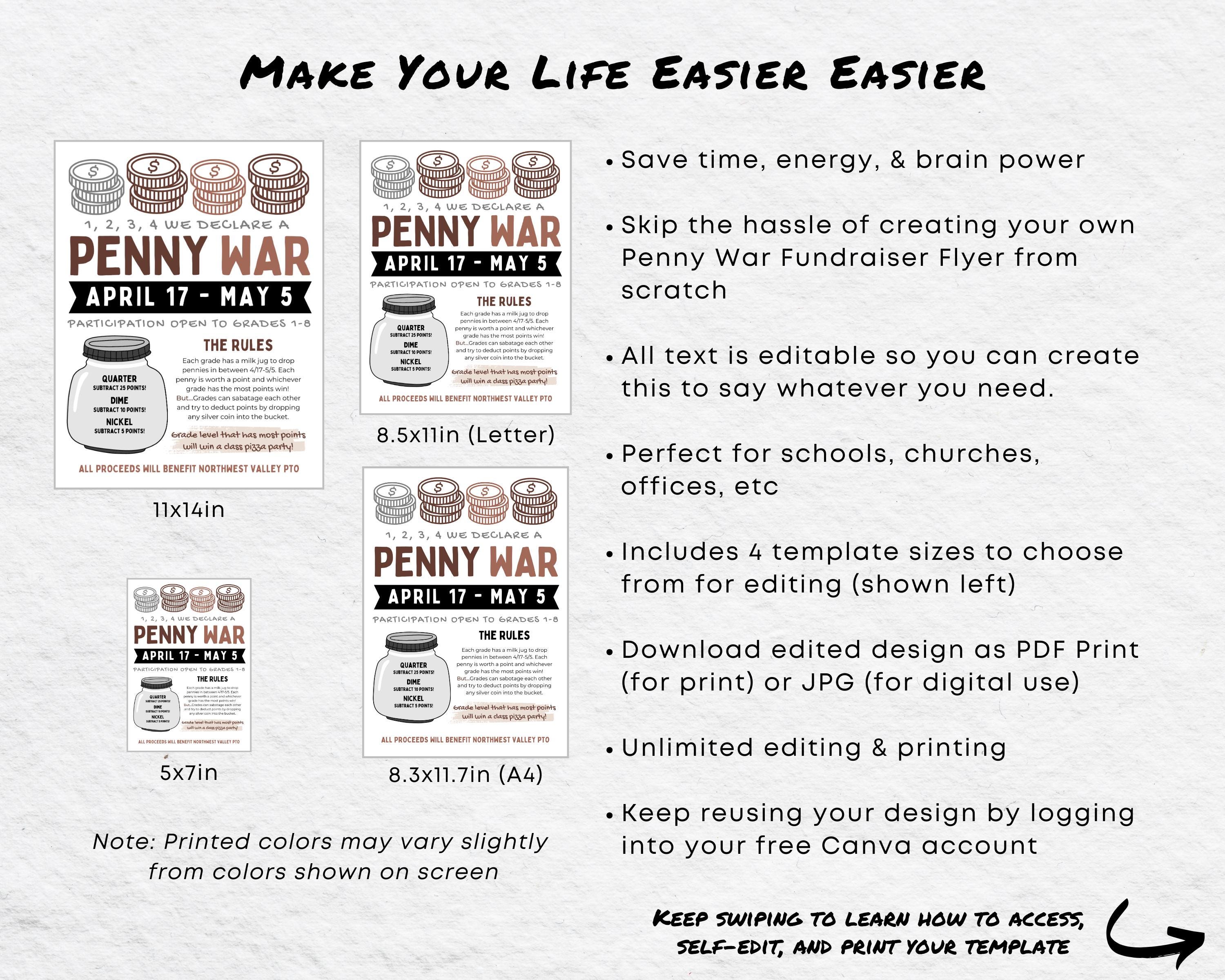 Penny War Flyer Editable Template, Coin Drive Fundraiser, Canva ...