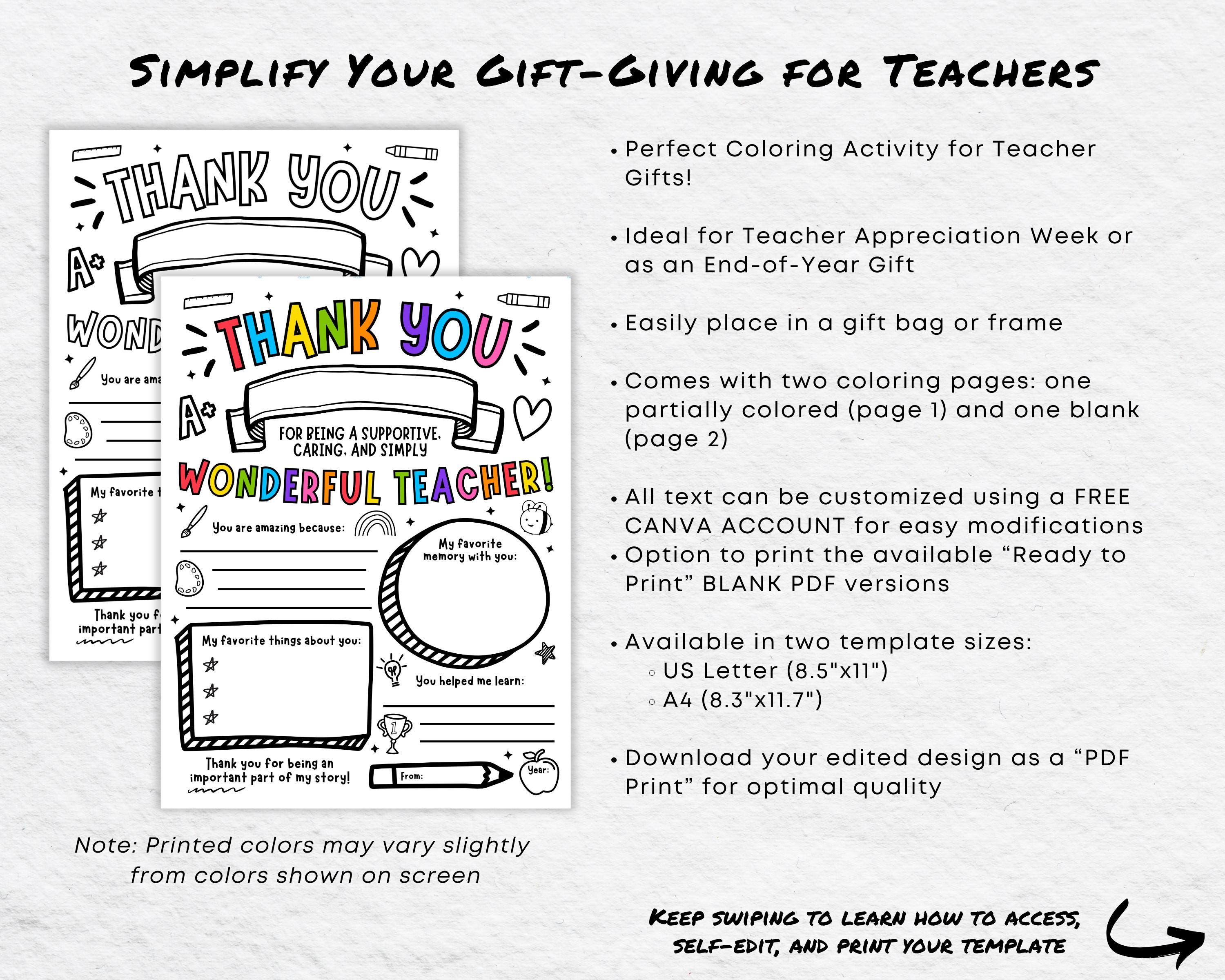 Editable Teacher Appreciation Thank You Coloring Page (canva Template ...