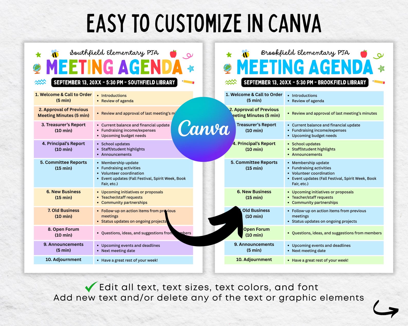 PTO PTA Meeting Agenda: Editable Outline Template (canva Download) - Etsy