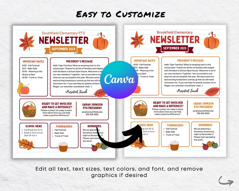 Editable PTA PTO September Newsletter Template Printable, Edit in Canva ...