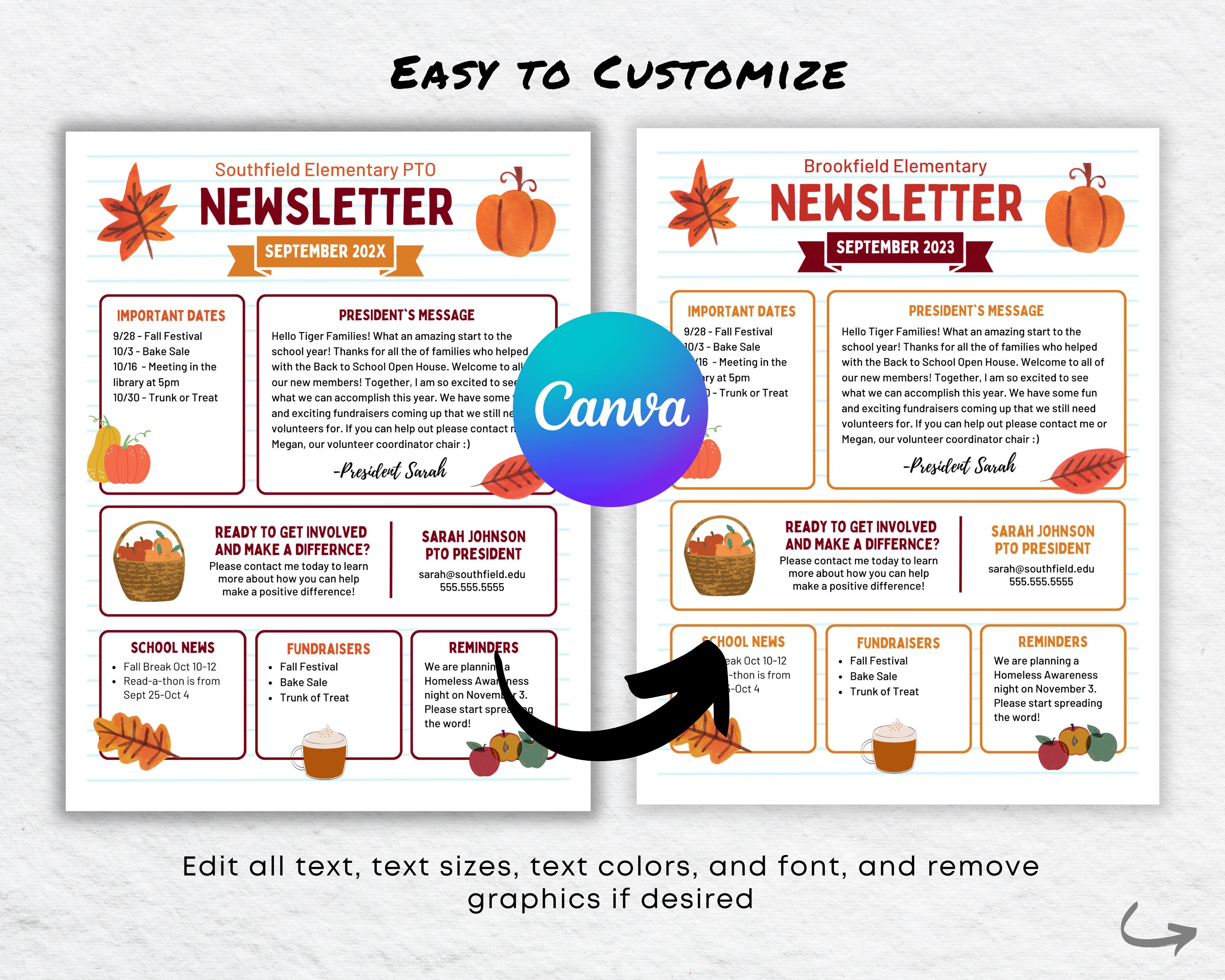 Editable PTA PTO September Newsletter Template Printable, Edit in Canva ...