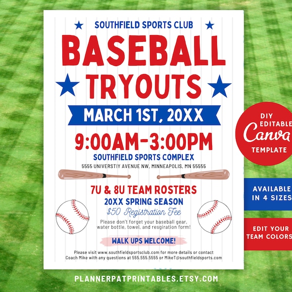 Baseball Tryout Flyer Template - Etsy