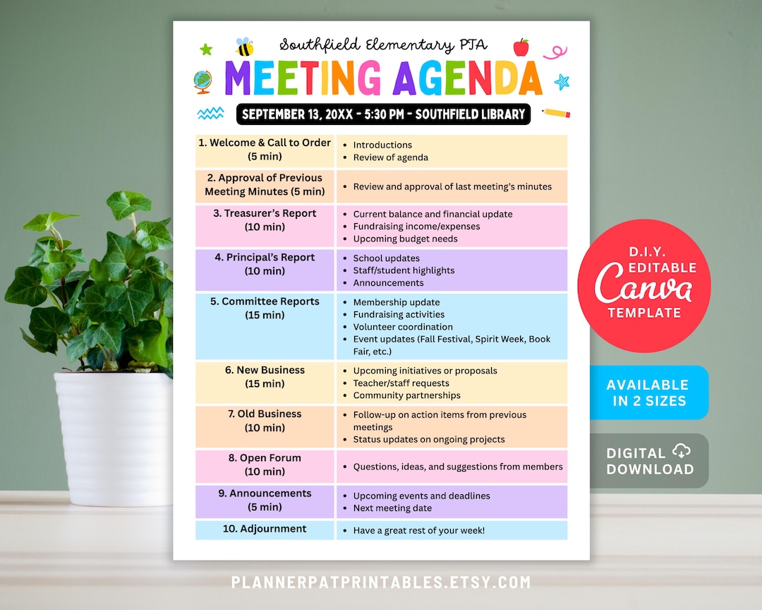 PTO PTA Meeting Agenda: Editable Outline Template (canva Download) - Etsy