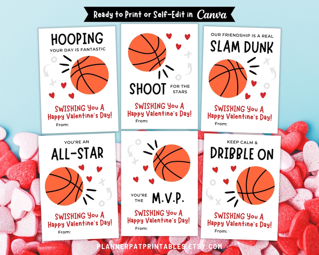 Printable Basketball Valentine Cards, Kids Classroom Valentines Day ...