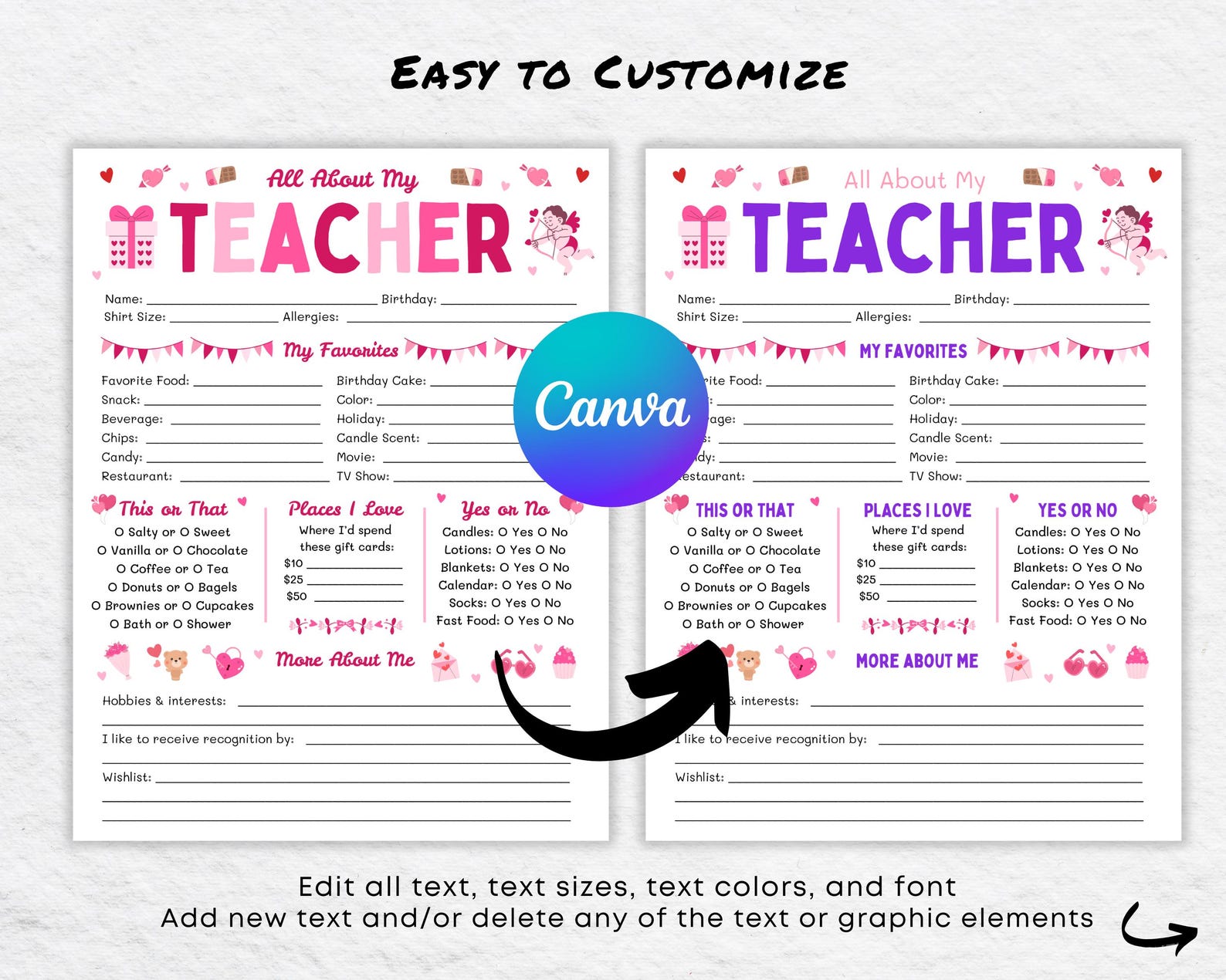 Valentine's Themed All About My Teacher Printable, Favorite Things ...