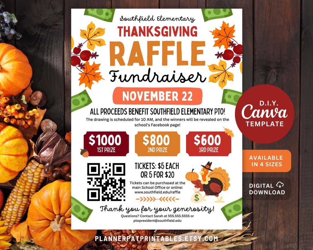 Thanksgiving Raffle Flyer | Editable Fall Fundraiser Template (canva ...