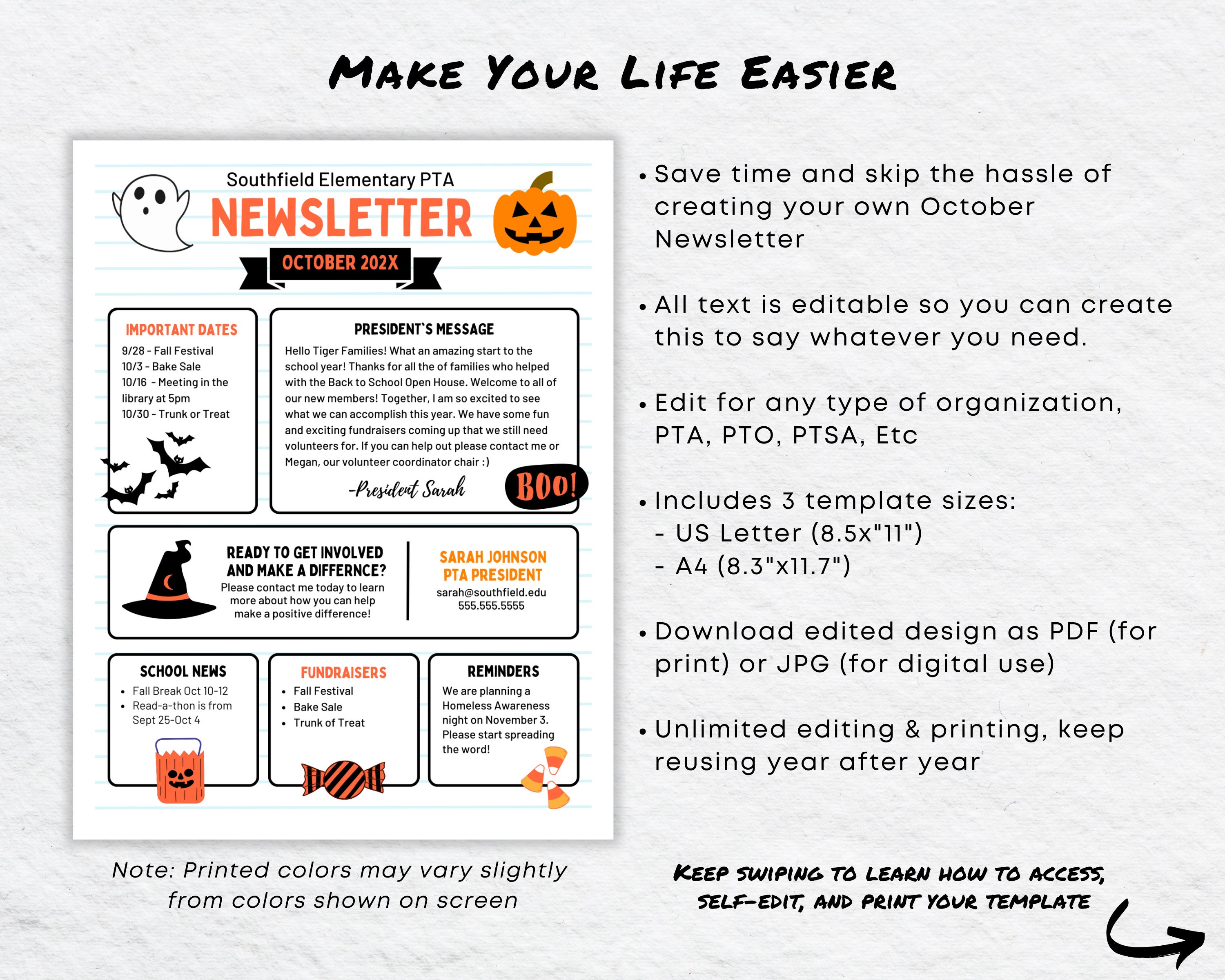 Editable October PTA Newsletter Template: Fall Halloween News (canva ...