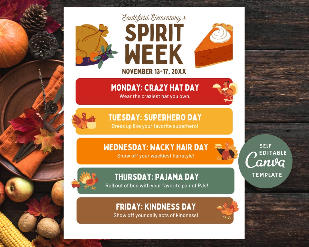 Editable Thanksgiving Spirit Week Schedule, Dress up Days, Canva - Etsy