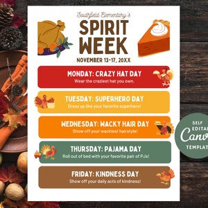 Editable Thanksgiving Spirit Week Schedule, Dress up Days, Canva - Etsy