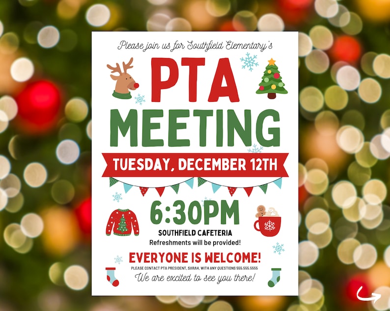 Christmas PTA Meeting Flyer, Editable Holiday School Invitation (canva ...