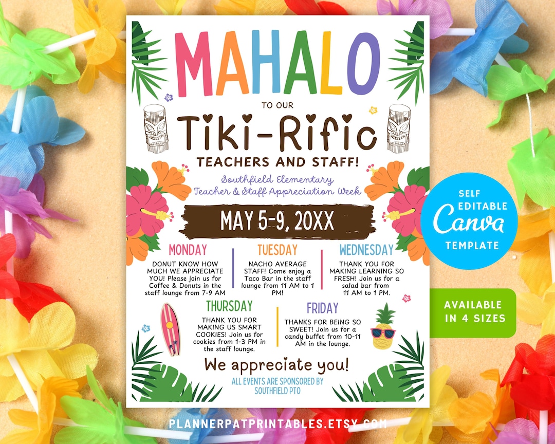Hawaiian Luau Teacher & Staff Appreciation Week Beach Itinerary Flyer ...