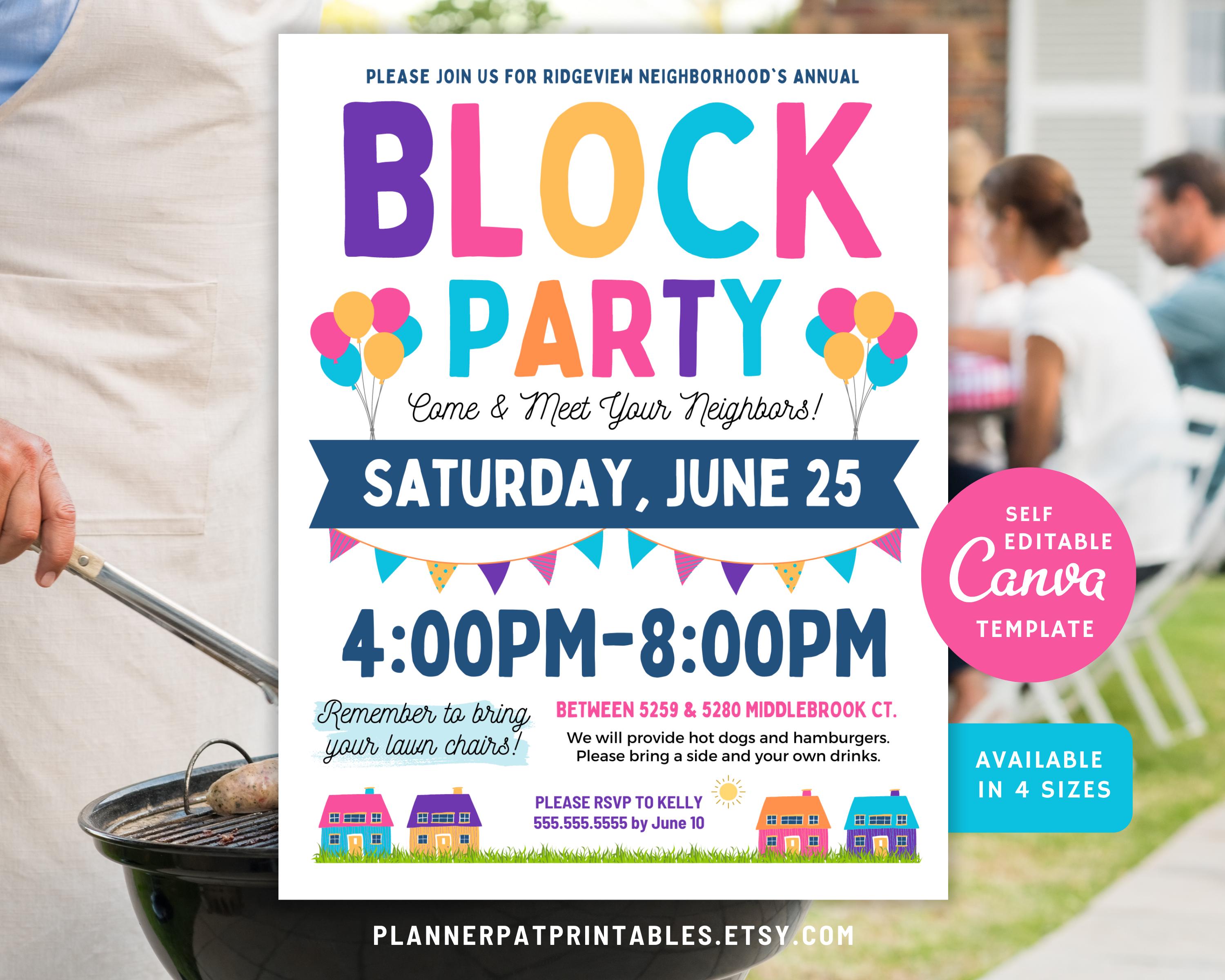 Block Party Flyer Template | Editable Neighborhood BBQ Invite (canva ...