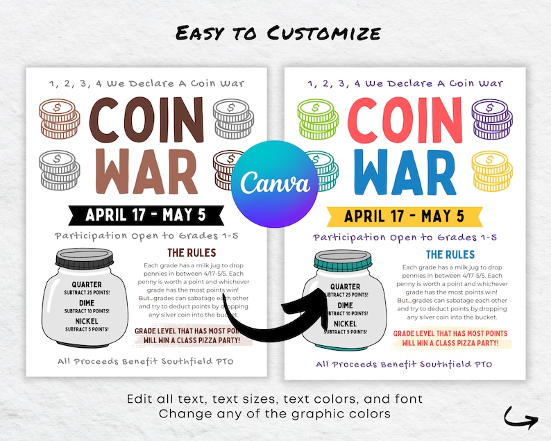 Editable Coin War Flyer Canva Template, School Penny Drive Fundraiser ...