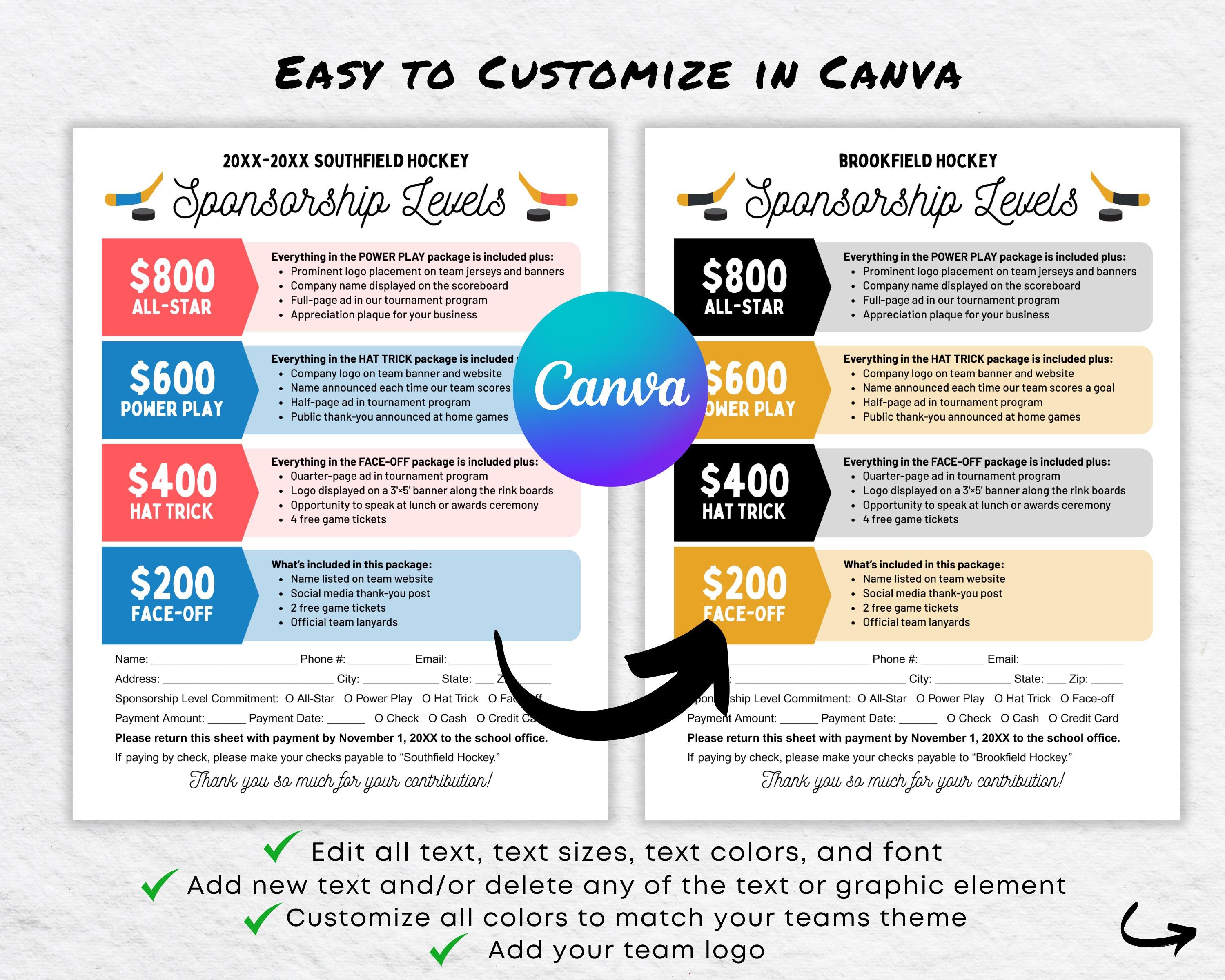 Editable Hockey Sponsorship Levels Form: Tournament Sponsor Menu Flyer ...