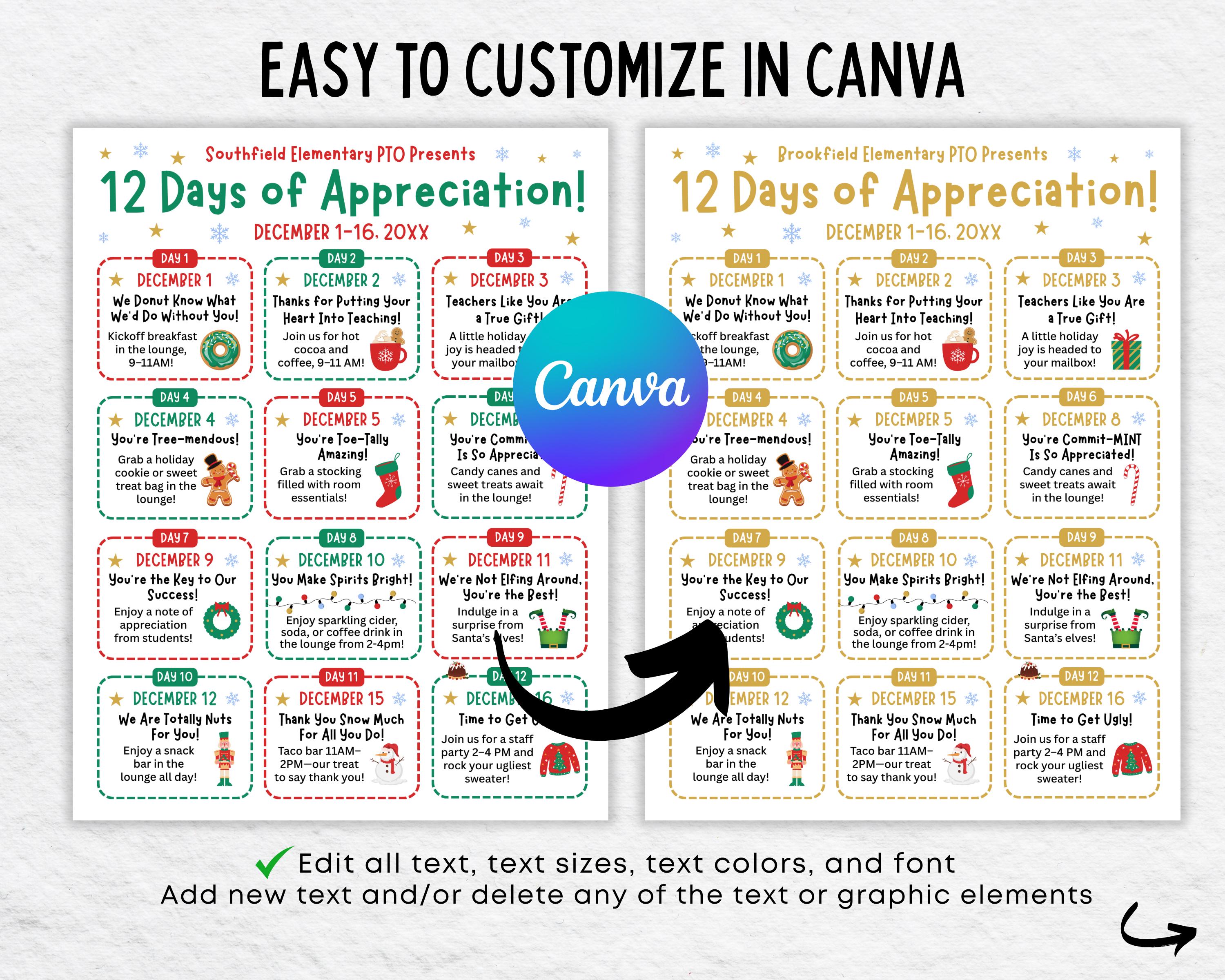 12 Days of Christmas Teacher Appreciation Flyer: Editable Printable ...