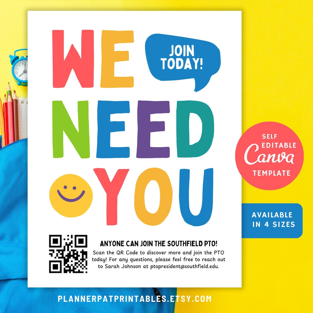 We Need You PTA PTO Flyer | Editable Canva Template for School ...