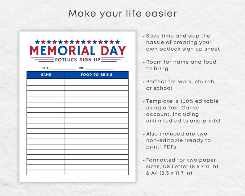 Memorial Day Potluck Sign up Sheet: Canva Template (digital Download ...