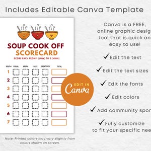 Fall Soup Cook off Scorecard Printable for Soup Competition, Editable ...