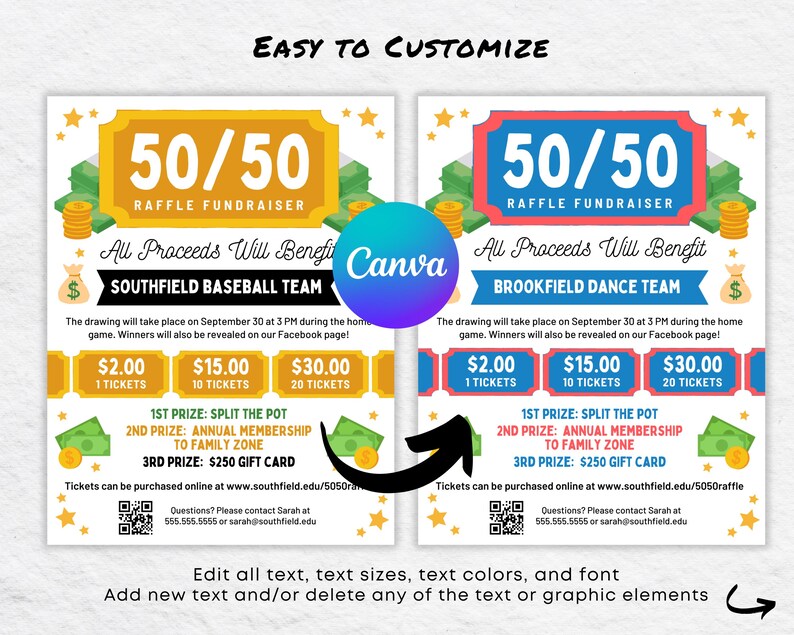 Editable 50/50 Raffle Flyer: School Fundraiser Poster (canva Template ...