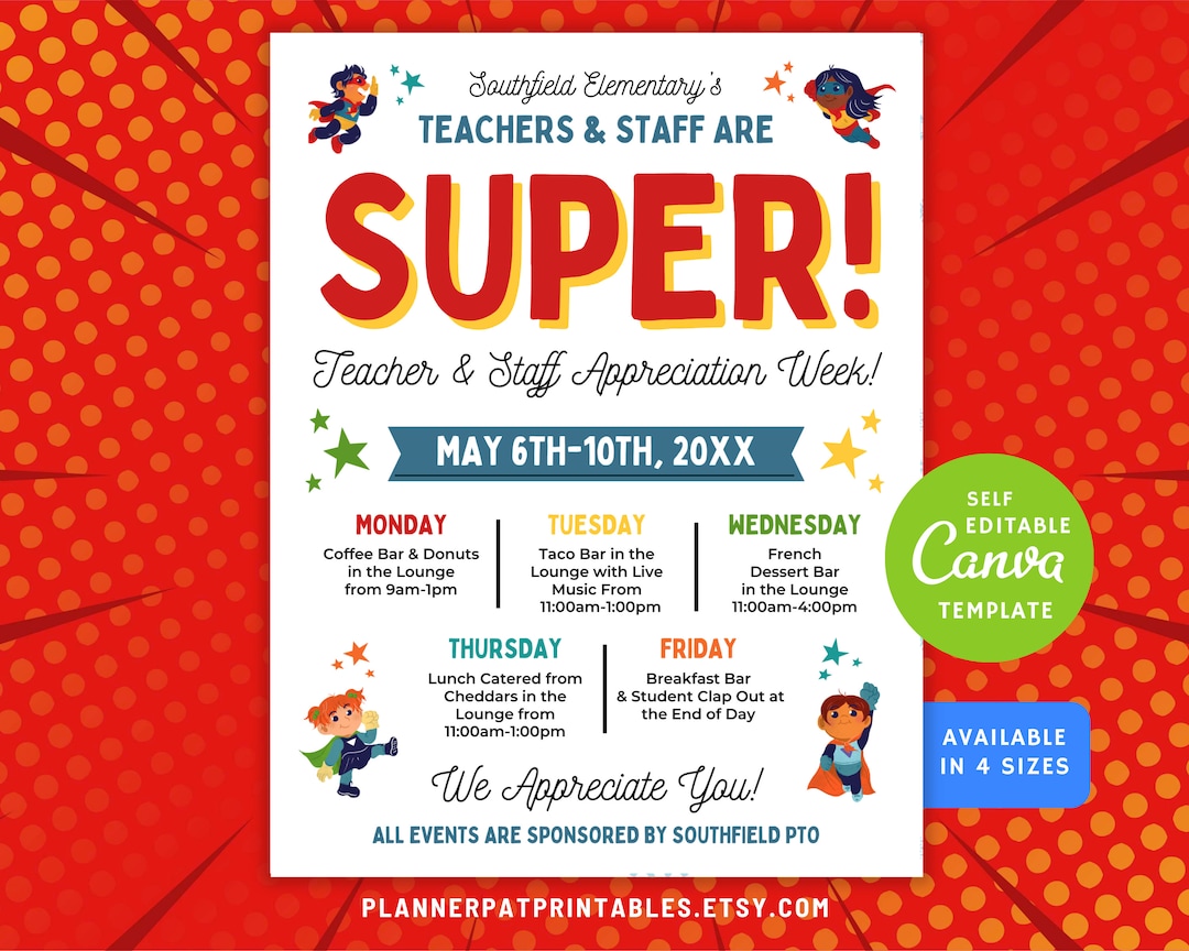 Editable Superhero Theme Teacher & Staff Appreciation Week Flyer ...