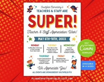 EDITABLE Superhero Theme Teacher and Staff Appreciation Week Itinerary ...