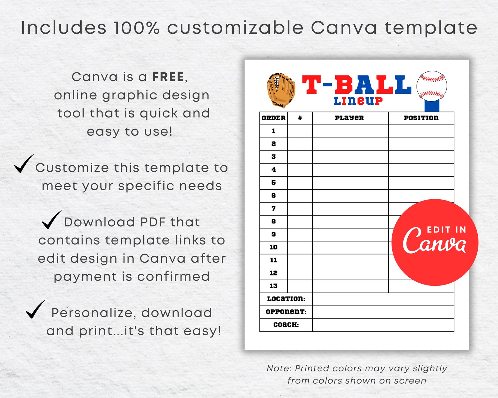 Editable T-ball Line up Sheet Canva Template, Blank Batting Order ...