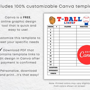 Editable T-ball Line up Sheet Canva Template, Blank Batting Order ...