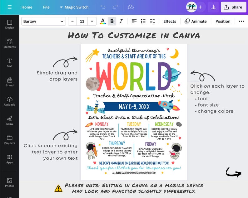 Editable Space Theme Teacher & Staff Appreciation Outer Space Itinerary ...