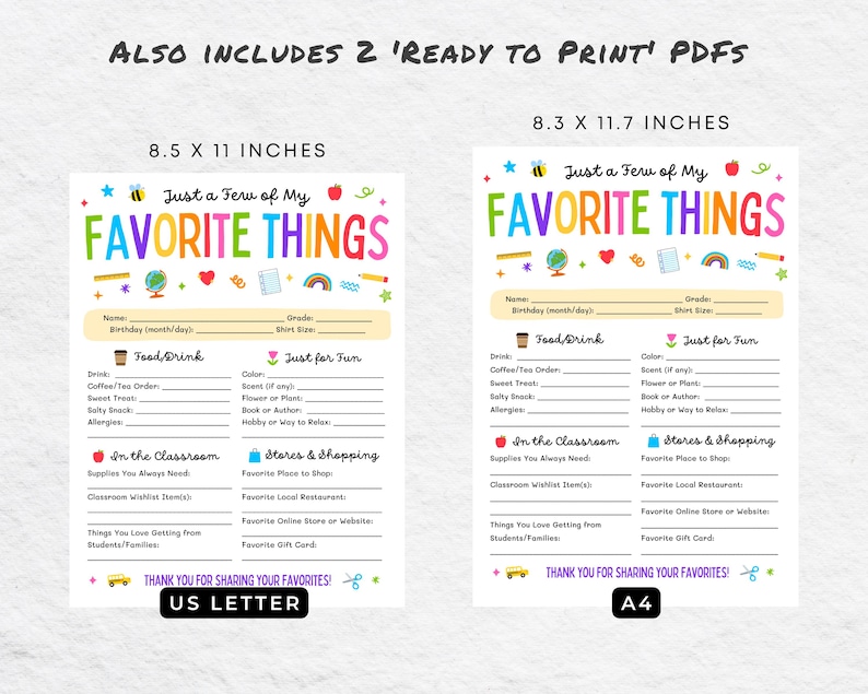 Teacher Favorite Things List: Appreciation Gift Questionnaire ...