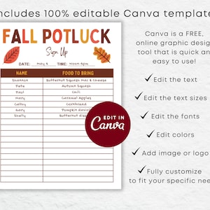 Fall Potluck Sign up Sheet Printable Autumn Harvest Potluck Party ...