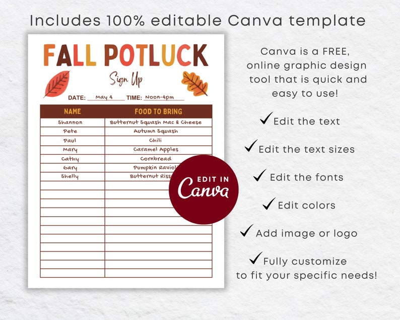 Fall Potluck Sign up Sheet Printable Autumn Harvest Potluck - Etsy ...