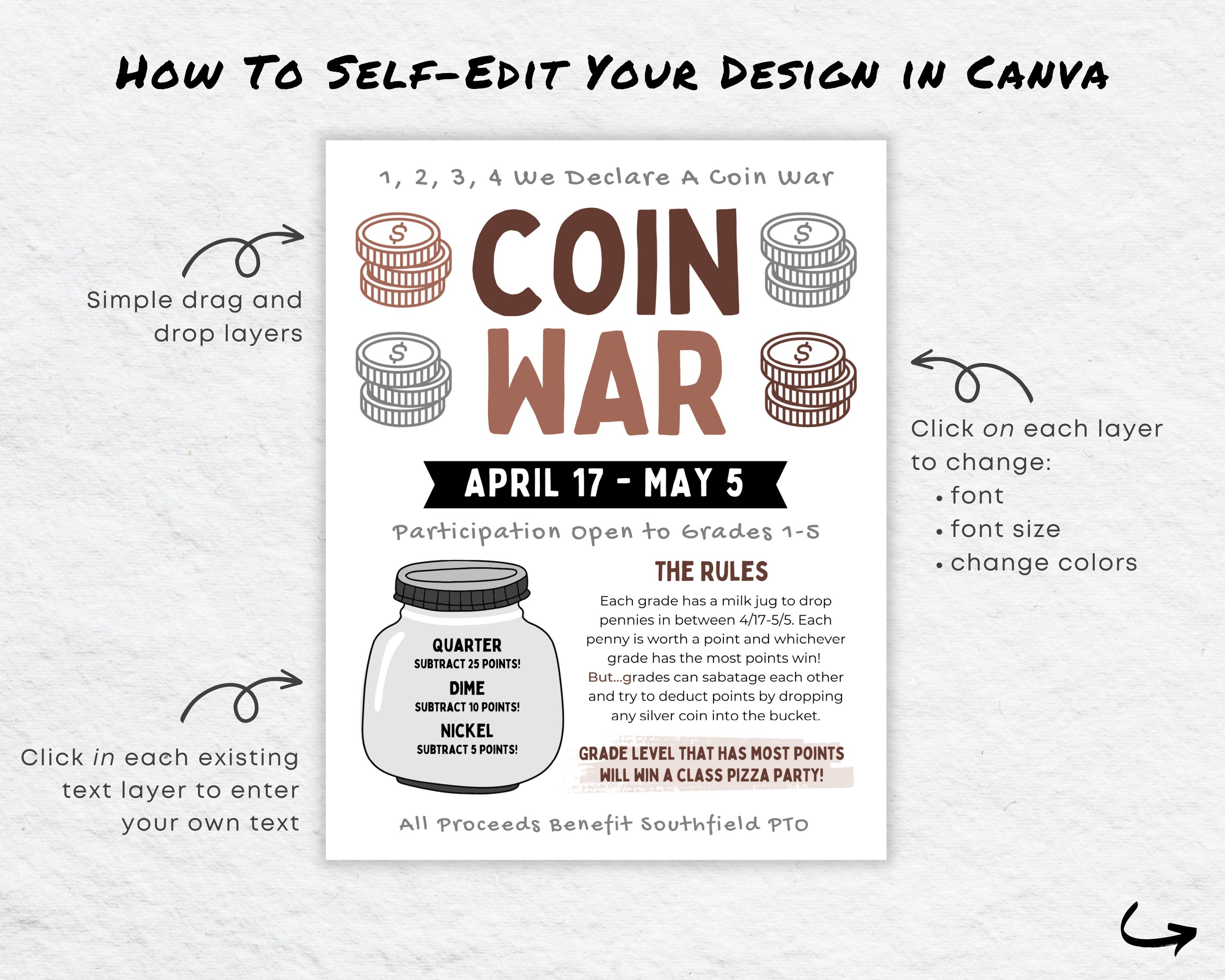 Editable Coin War Flyer Canva Template, School Penny Drive Fundraiser ...