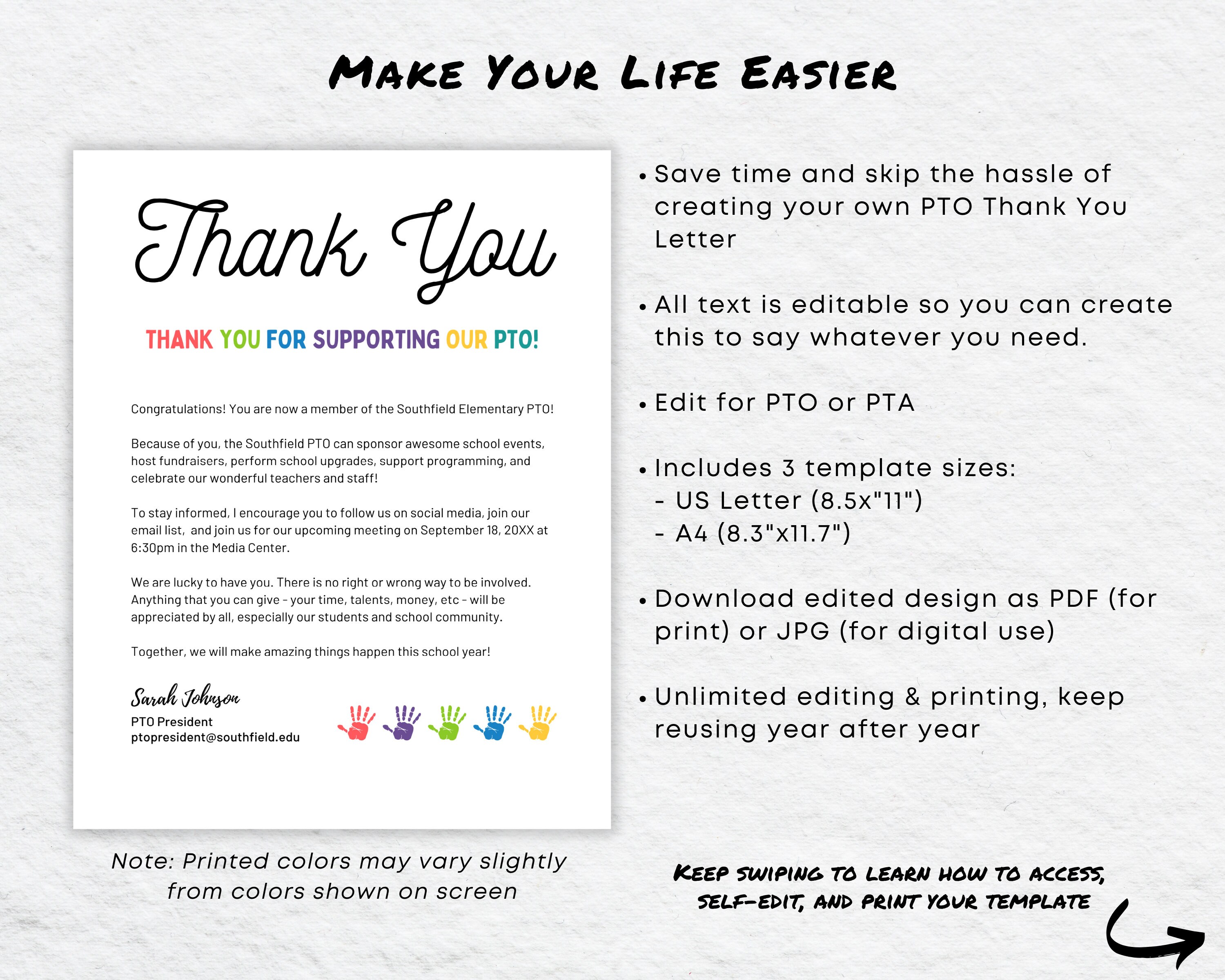 Editable PTO Thank You Letter Template, Edit for PTA - Etsy